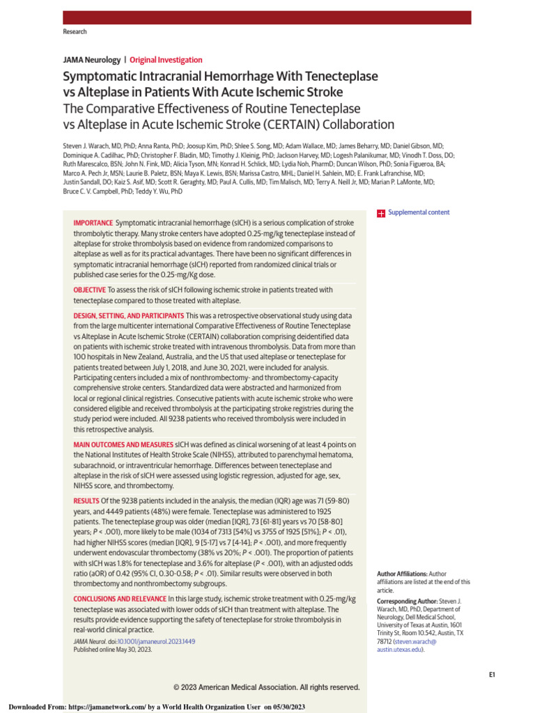 Symptomatic Intracranial Hemorrhage With Tenecteplase VS ALTEPLASE | PDF | Wellness