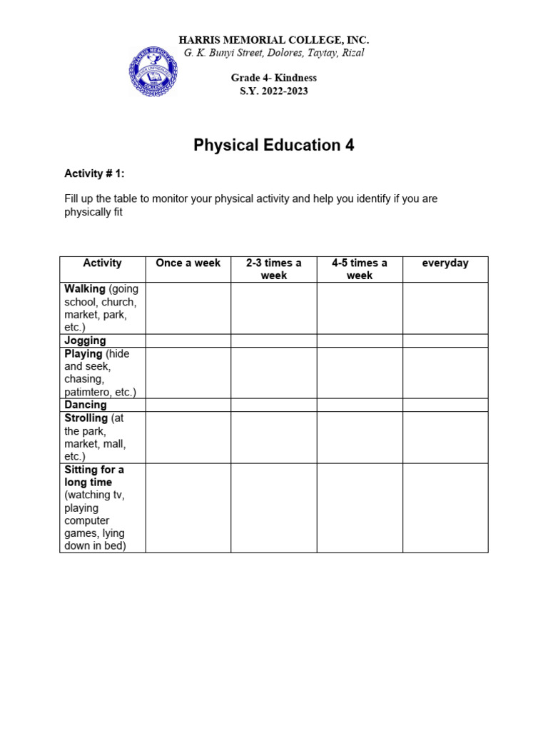 Grade 4 PE Activity Tracker | PDF | Social Science | Home & Garden