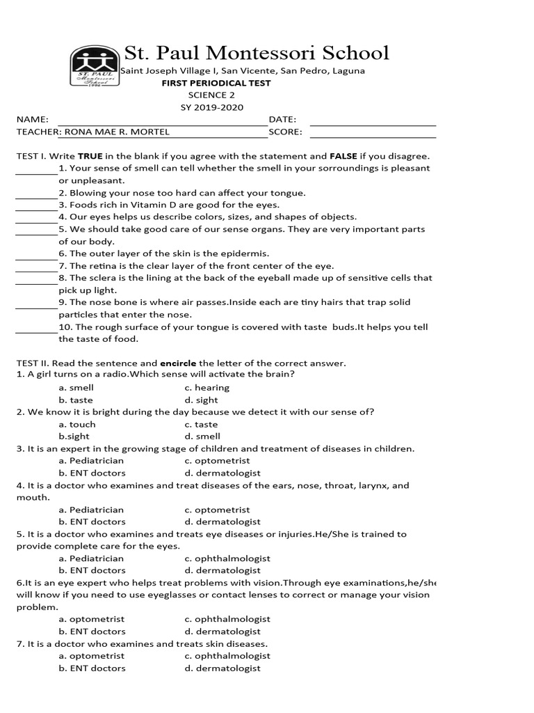 Rona - First Periodical Test G2 | PDF | Senses