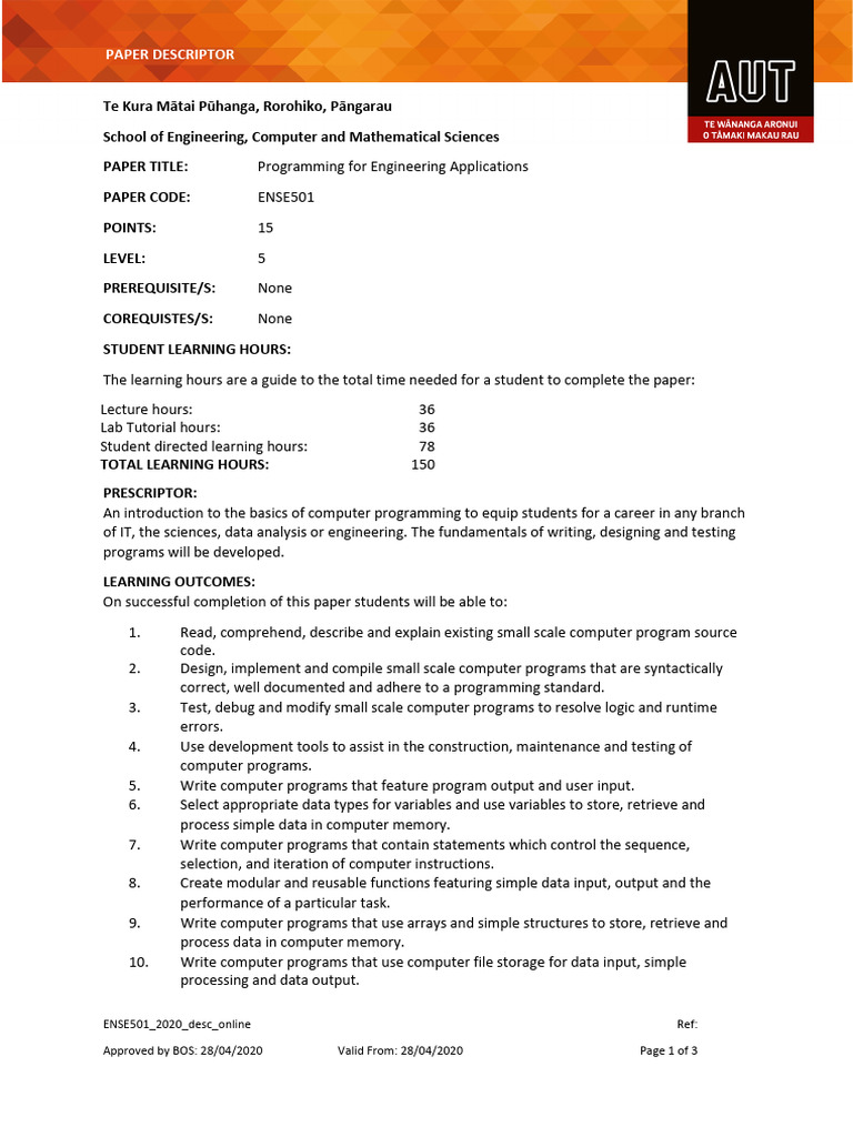 Ense501 Programming For Engineering Applications 2020 Pdf Computer Program Programming 