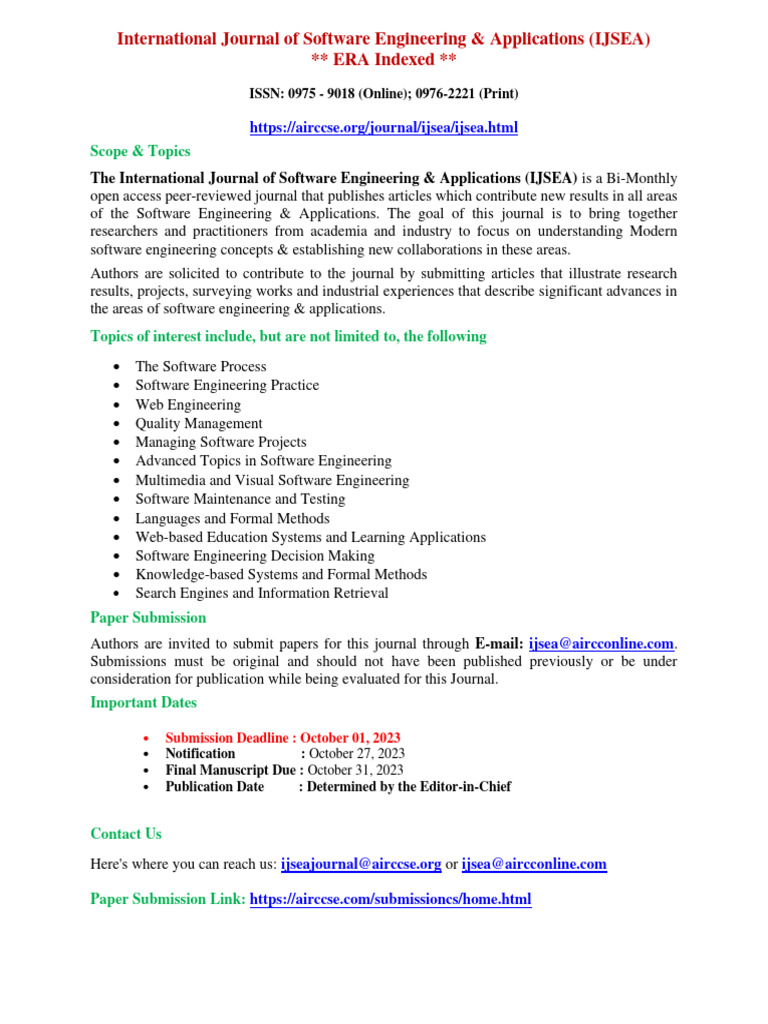 Call For Papers-International Journal of Software Engineering ...