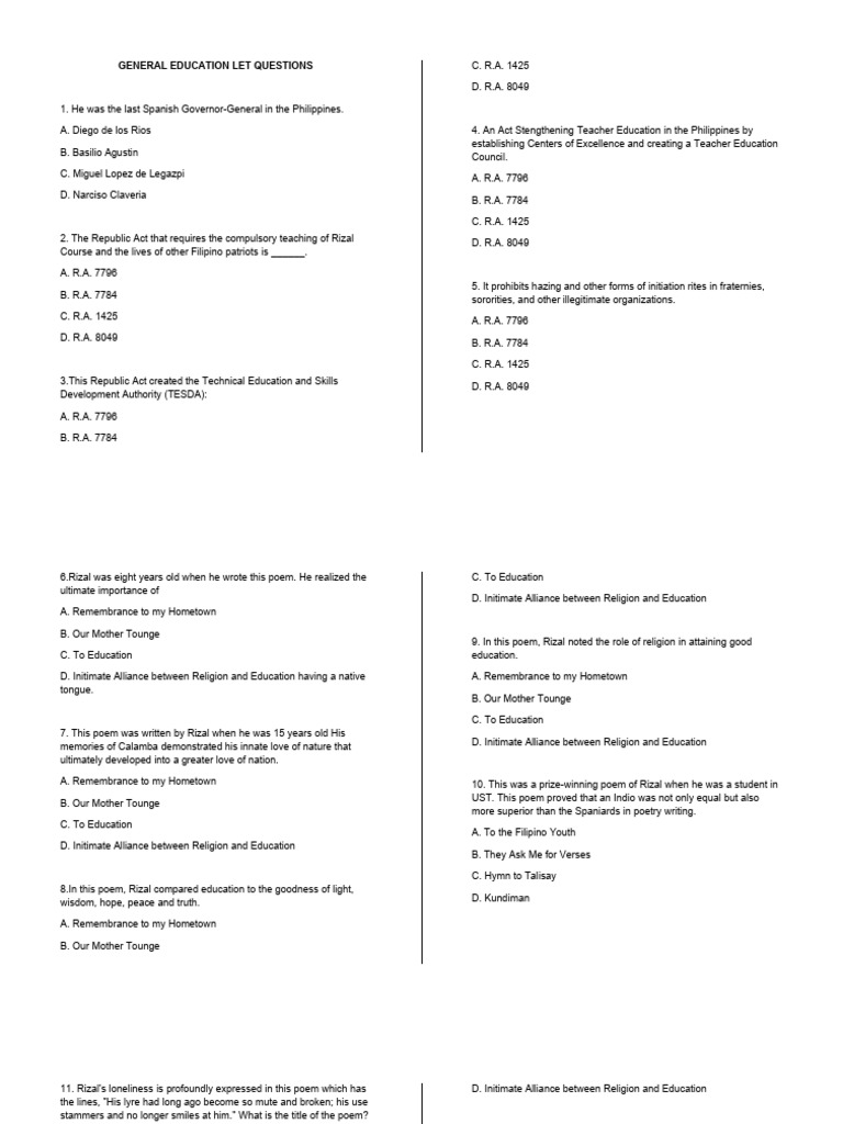 General Education LET QUESTION | PDF | Philippines | Homo