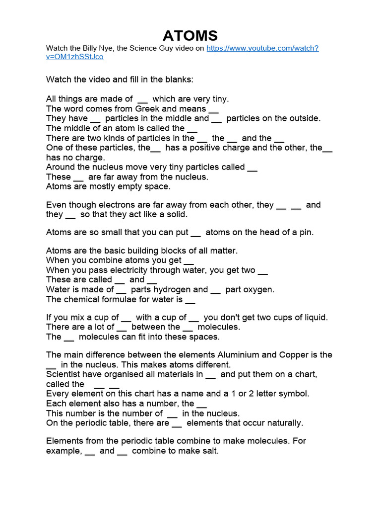 Atoms Bill Nye Question Sheet | PDF