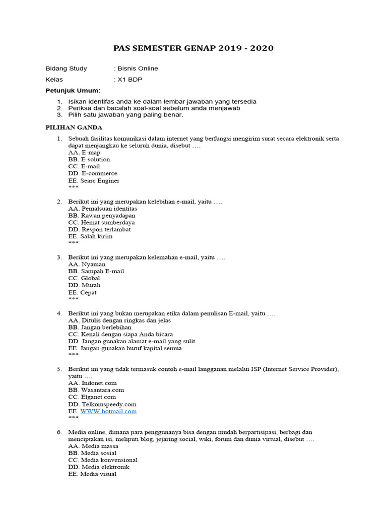 SOAL PAS Bisnis Online Genap XI BDP 19-20 | PDF