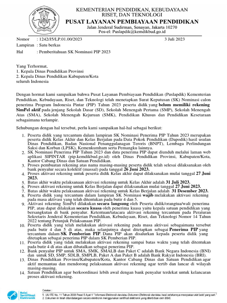 SK Nominasi PIP 2023 untuk Siswa | PDF | Pengelolaan Keuangan & Uang