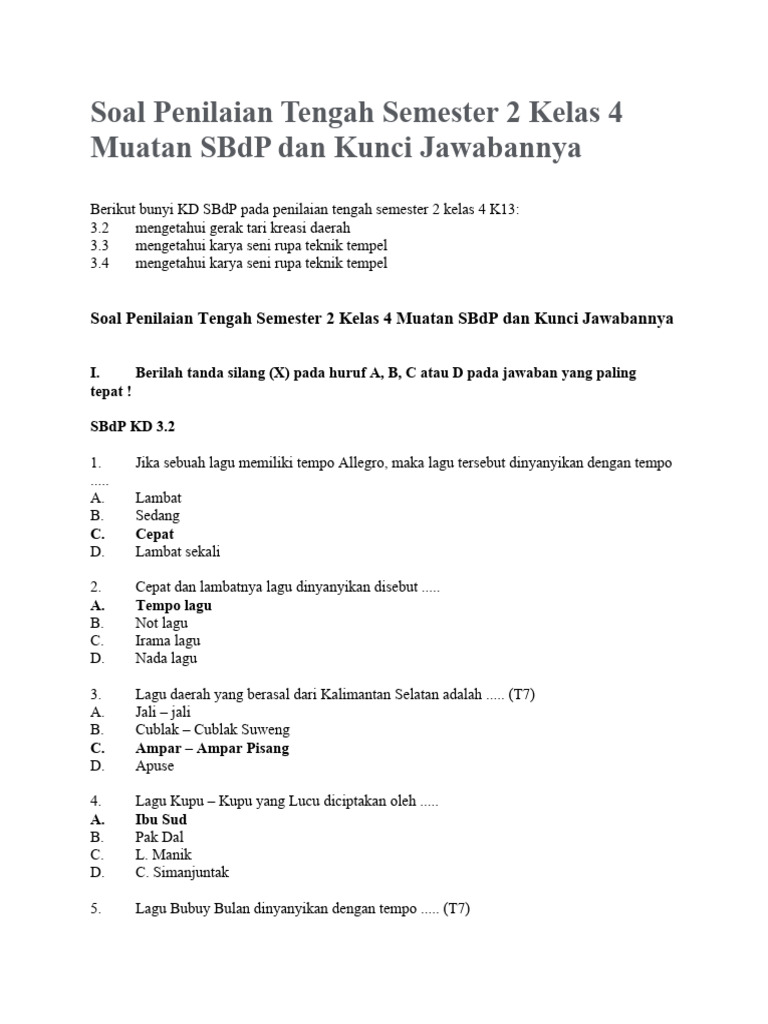 Soal Penilaian Tengah Semester 2 Kelas 4 Muatan SBDP Dan Kunci Jawabannya | PDF