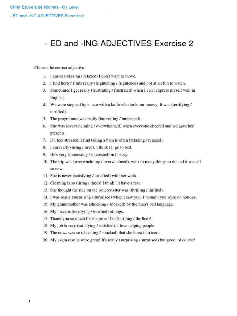ED and - InG ADJECTIVES Exercise 2 - Chris' Escuela de Idiomas | PDF