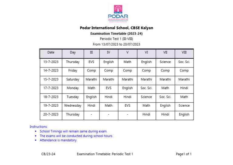 Periodic Test 1 Exam Timetable (2023-24) | PDF