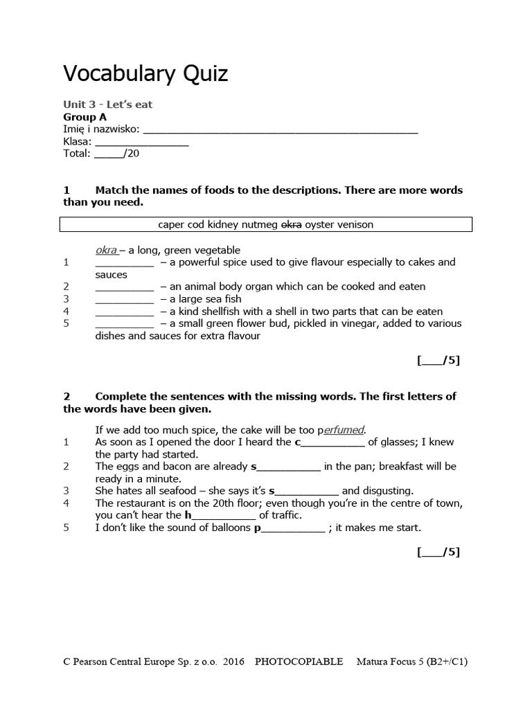 Vocabulary Quiz Unit 3 - Group A | PDF | Pickling | Cooking