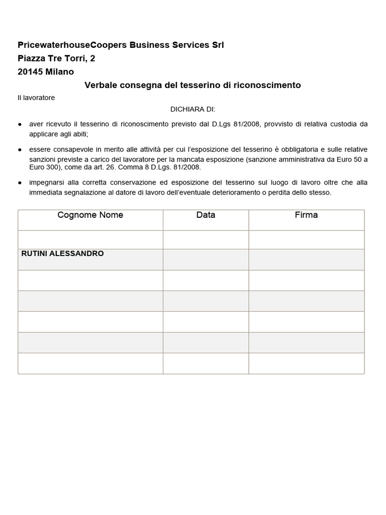 Verbale Consegna Badge | PDF