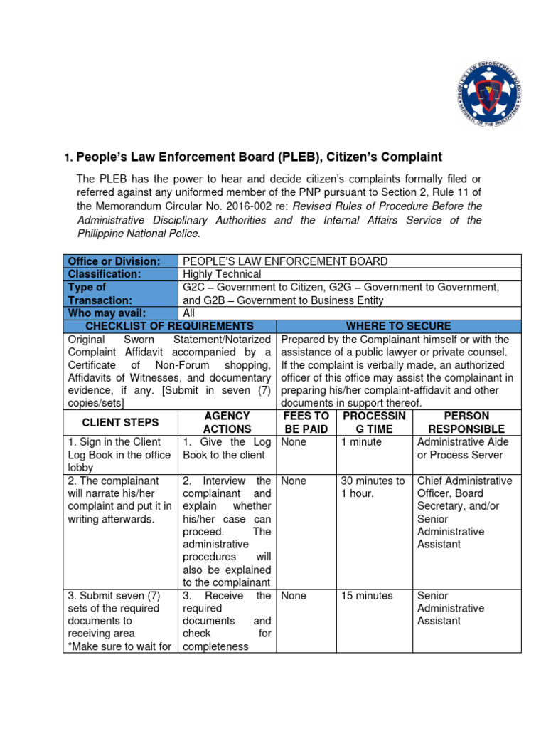 PLEB Service Specification Template ARTA 2023 | PDF | Complaint | Service Of Process