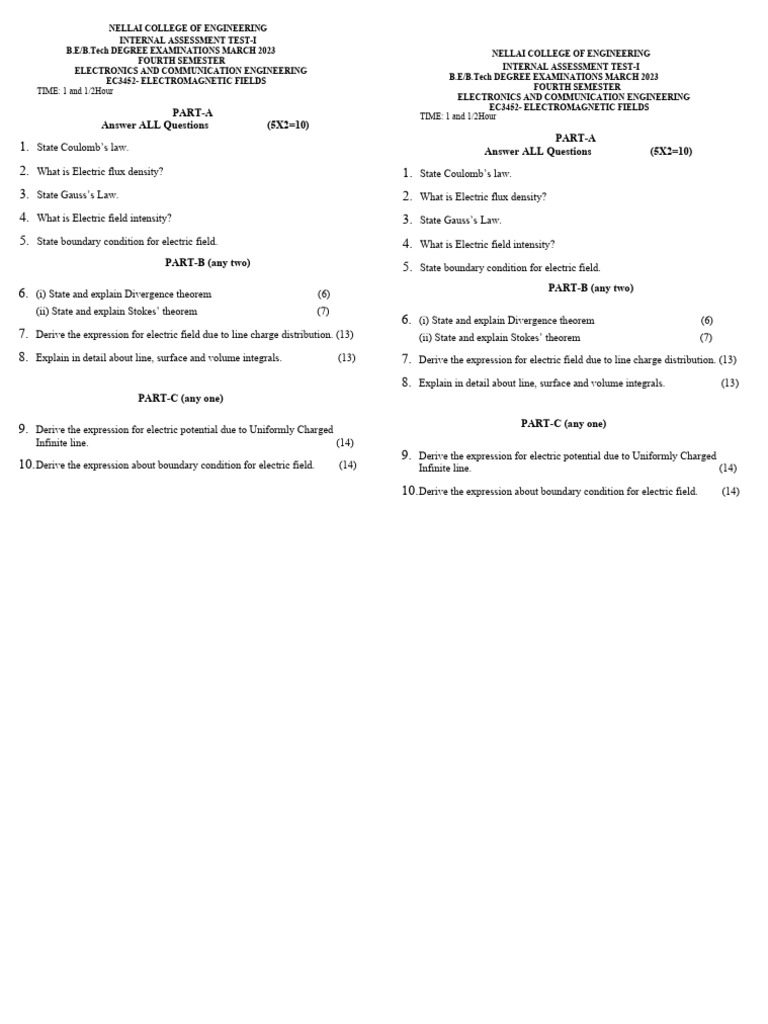 Ec3452 Iat1 Emf | Download Free PDF | Electric Field | Electromagnetism Ec3452 Iat1 Emf | Download Free PDF | Electric Field | Electromagnetism