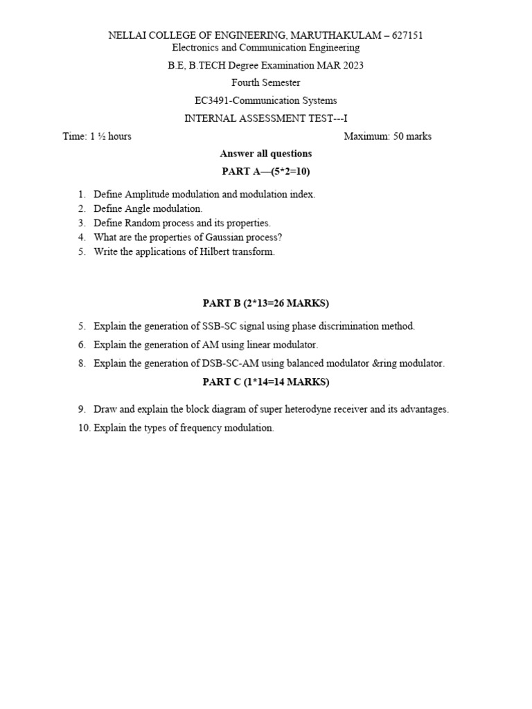 EC3491 Communication Systems Test Questions | PDF | Modulation ...