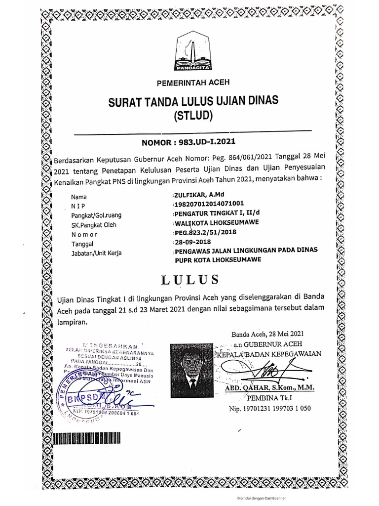 Surat Tanda Lulus Ujian Dinas | PDF