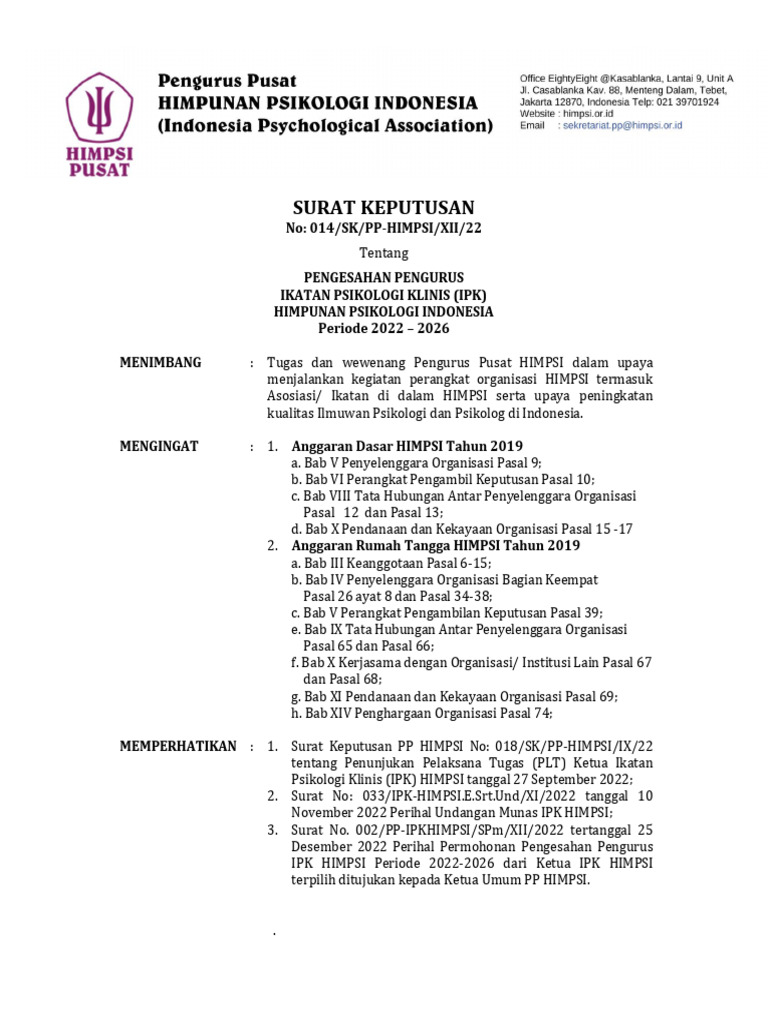 014 - SK Pengesahan Pengurus IPK HIMPSI Periode 2022 - 2026 - Acc | PDF