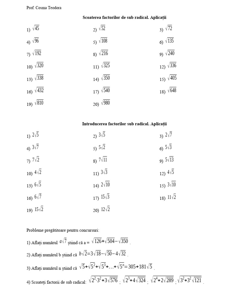 Scoaterea Factorilor de Sub Radical Introducerea Factorilor Sub Radicalcl.7 | PDF