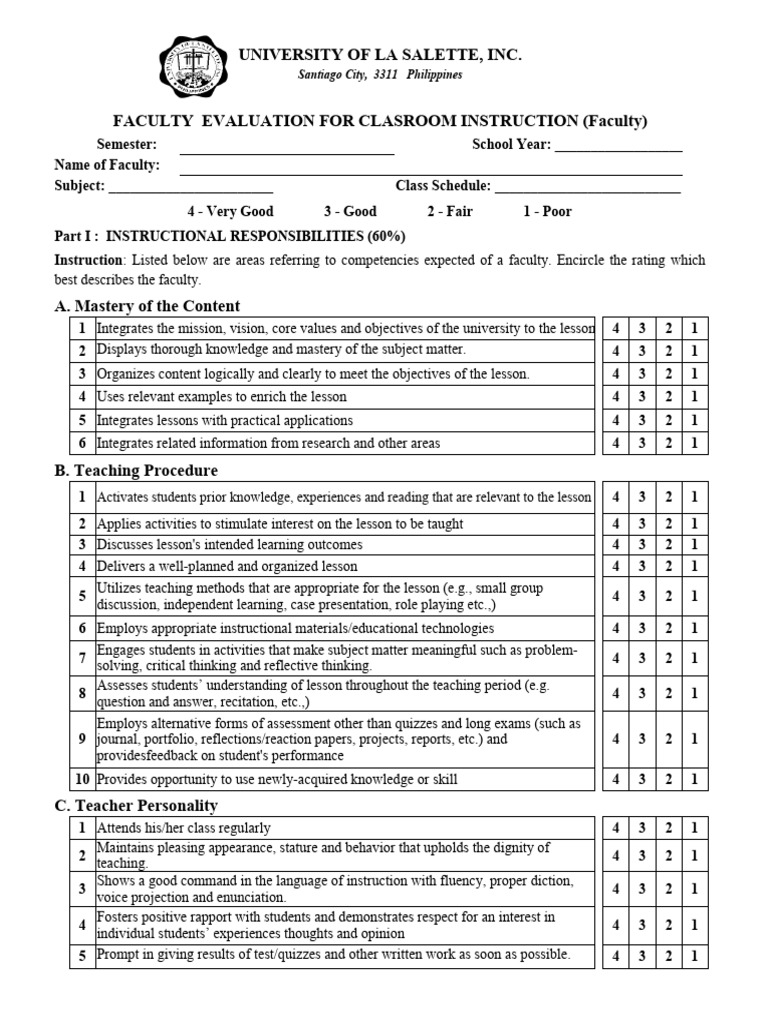 Faculty Evaluation Form for Instruction | PDF | Self-Improvement