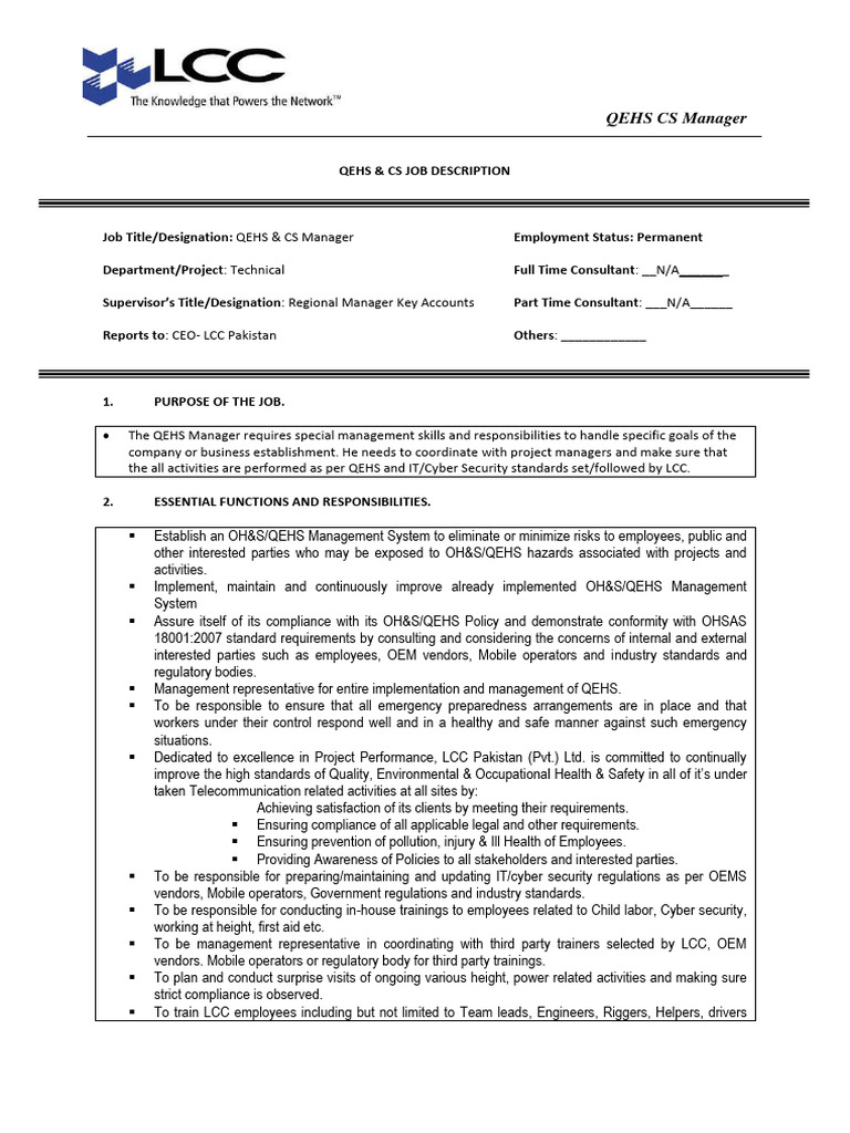 QEHS & CS Manager Job Description | PDF | Employment | Regulatory ...