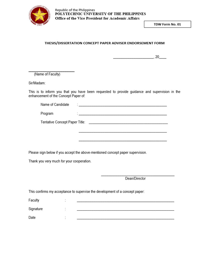 TDW Form No. 01 - Concept Paper Adviser Endorsement Form | PDF