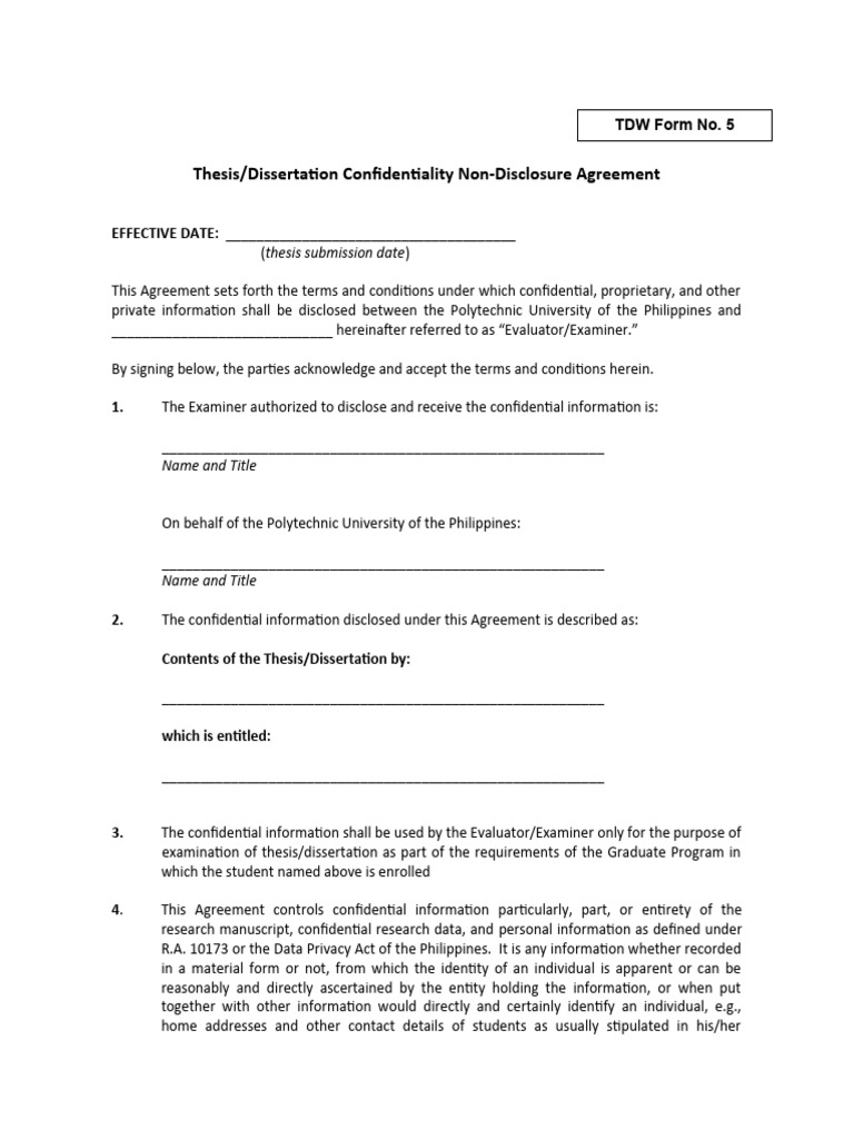 TDW Form No. 05 - Confidentiality and Non-Disclosure Agreement | PDF | Thesis | Justice