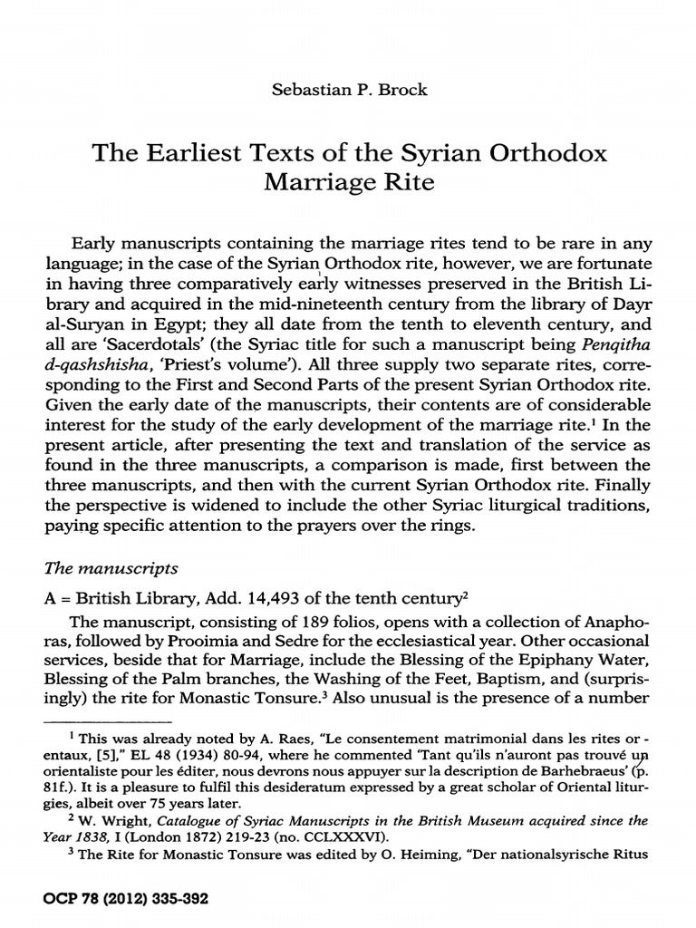 Brock - Earliest Texts of Syrian Orthodox Marriage | PDF | Sacraments ...