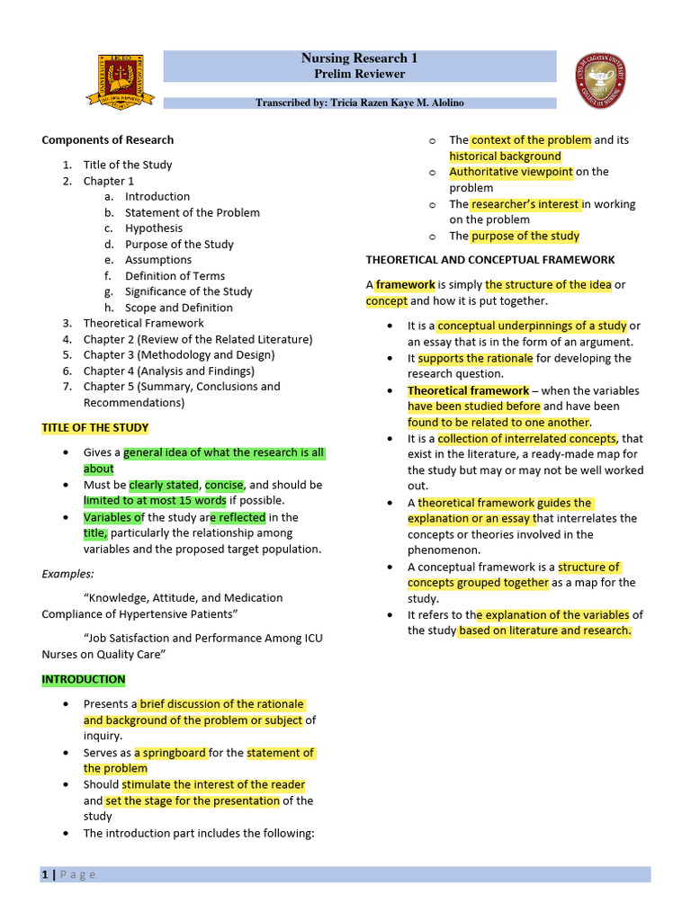 Nursing Research 1 Prelim Reviewer | PDF | Hypothesis | Methodology
