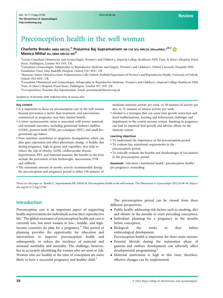 Preconception Health in The Well Woman | PDF | Pregnancy | Prenatal Development