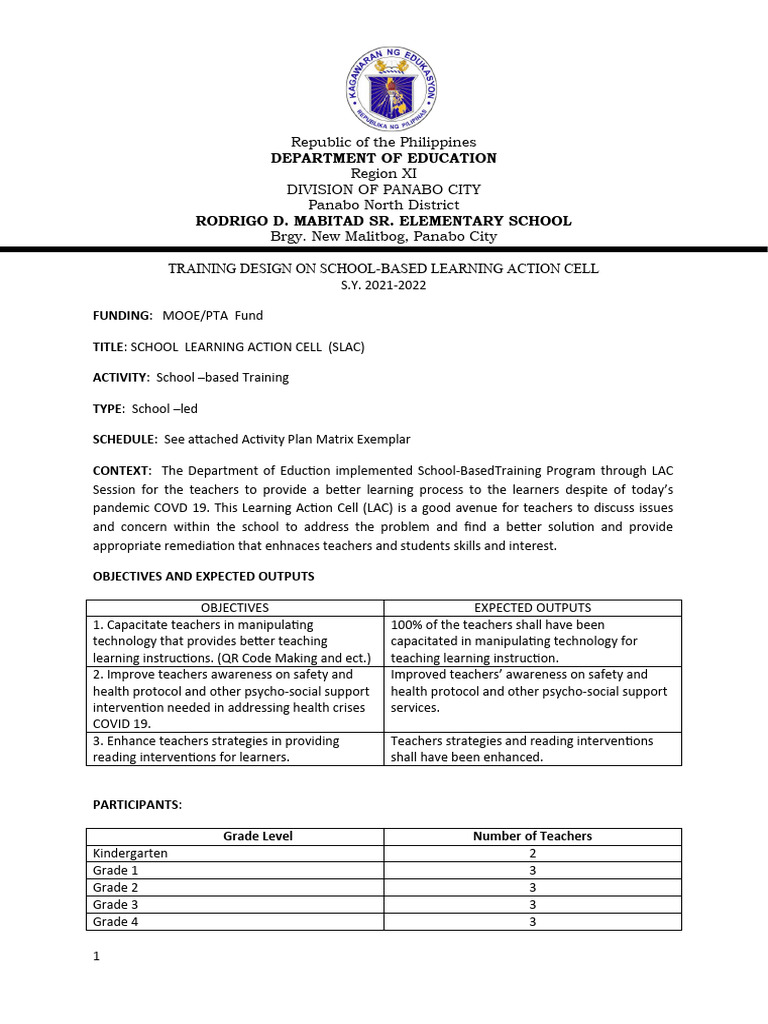 Rdmabitad Es Training Design For Slac 2021 2022 | PDF