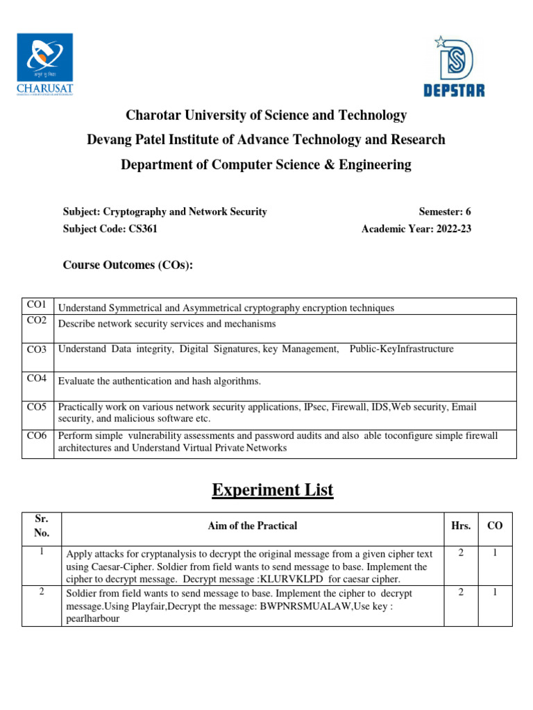 CS361 - CRNS - 22-23 - OBE Format - PracticalList | PDF | Encryption | Cryptography