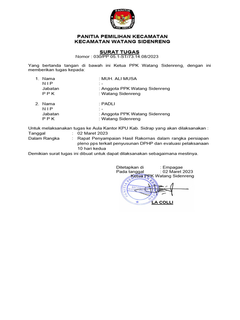 Surat Tugas PPK Watang Sidenreng | PDF