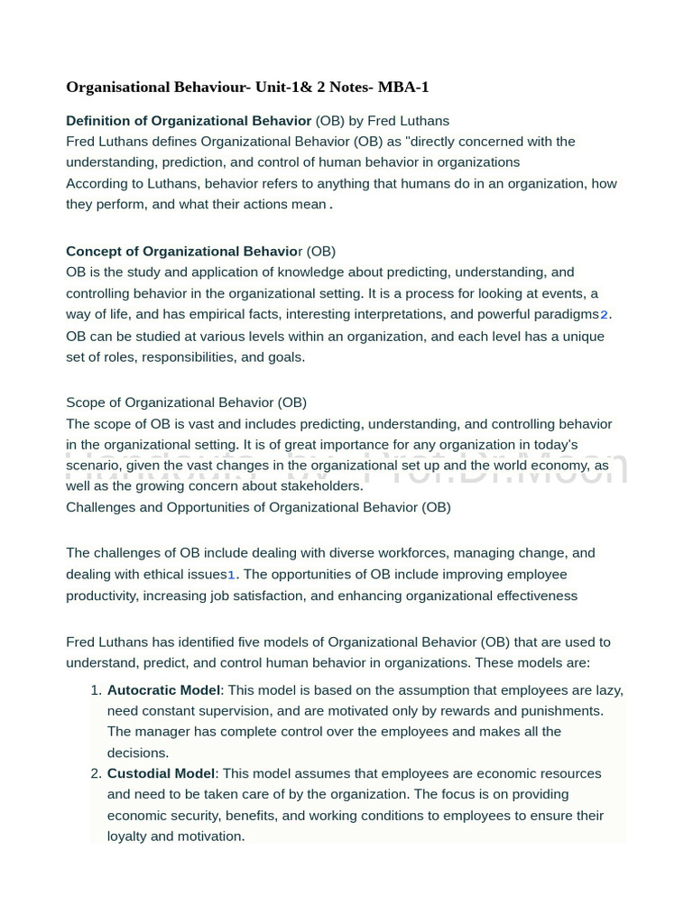 OB - Notes-MBA-1 - Unit 1,2 | PDF | Motivational | Motivation