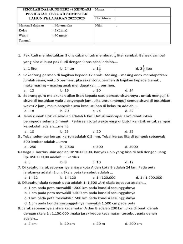 Soal UTS Matematika Kls 5 Semsester 2 .THN 2023 | PDF