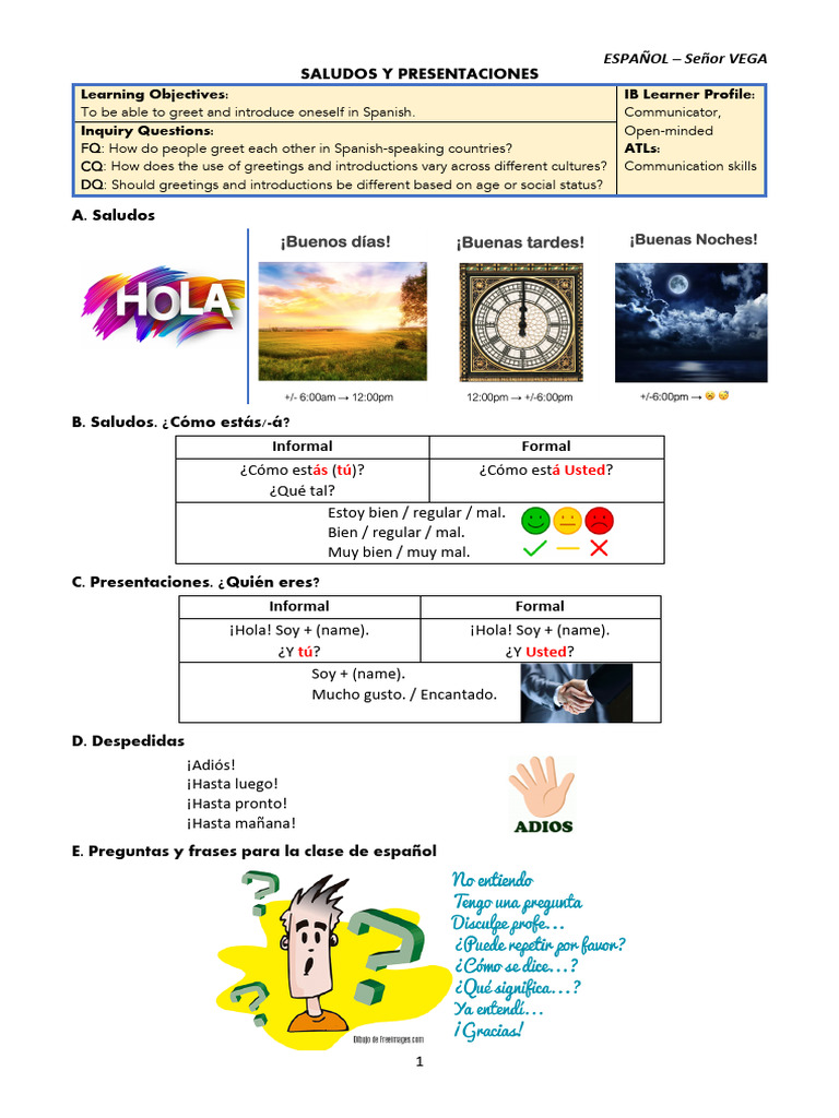 Saludos y Presentaciones en Español | PDF | Artes del Lenguaje y ...