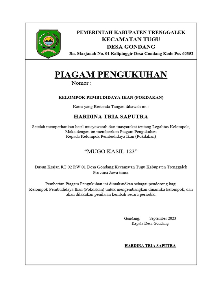 Piagam Pengukuhan MUGO KASIL 123 | PDF
