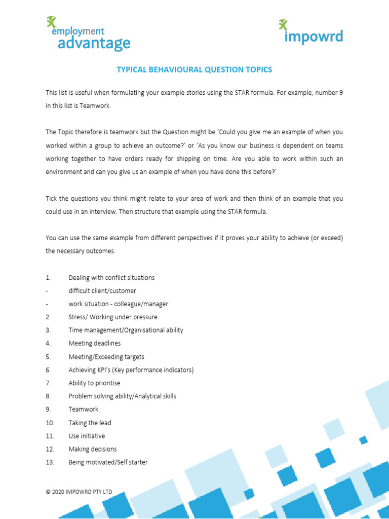 Behavioral Interview Topics Guide | PDF | Career & Growth