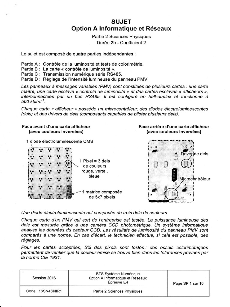 Sujet BTS SNIR 2016 : Contrôle Luminosité | PDF | Spectre ...