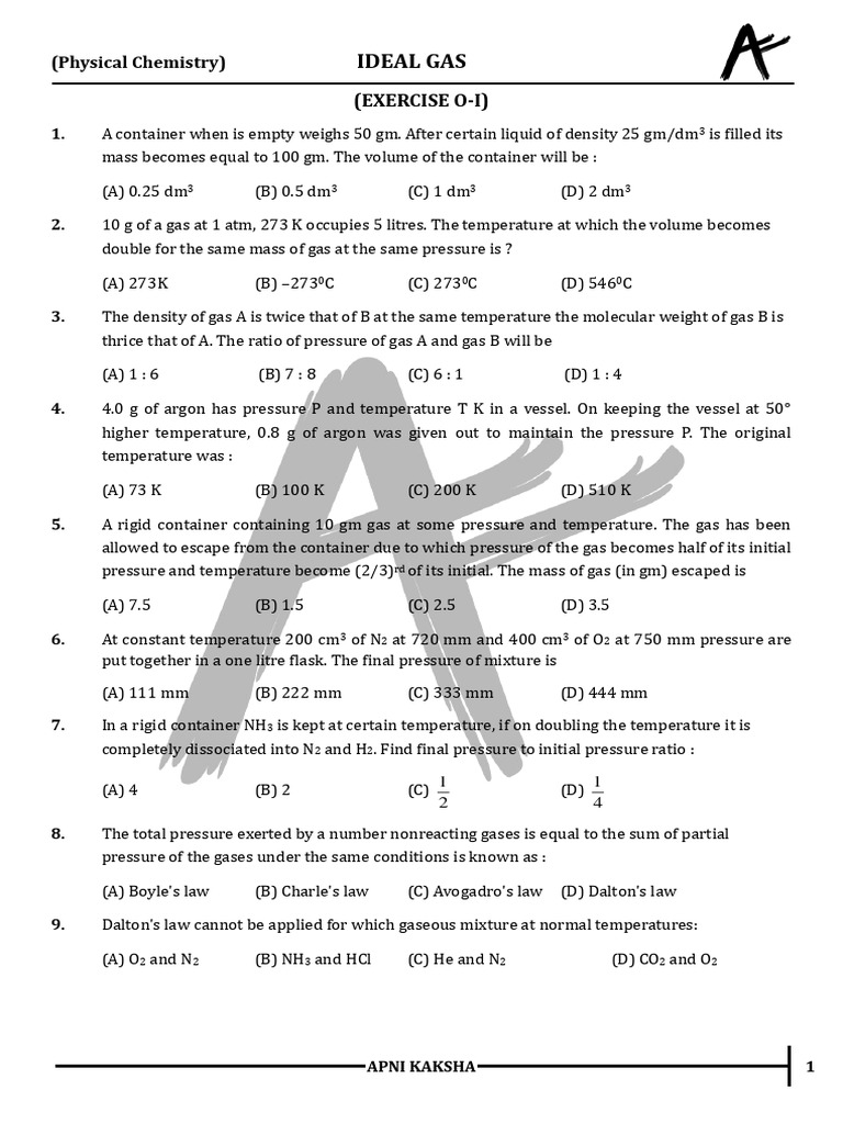 Sheet - 01 - Ideal Gas | PDF | Gases | Temperature