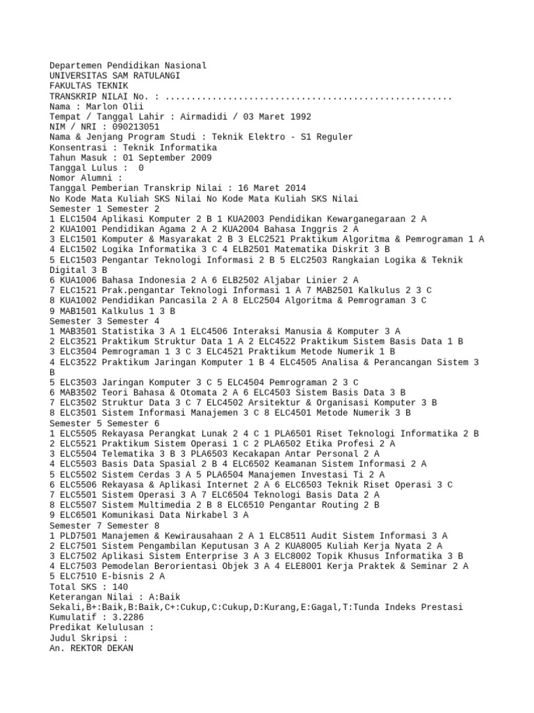 Transkrip Nilai 090213051 | PDF