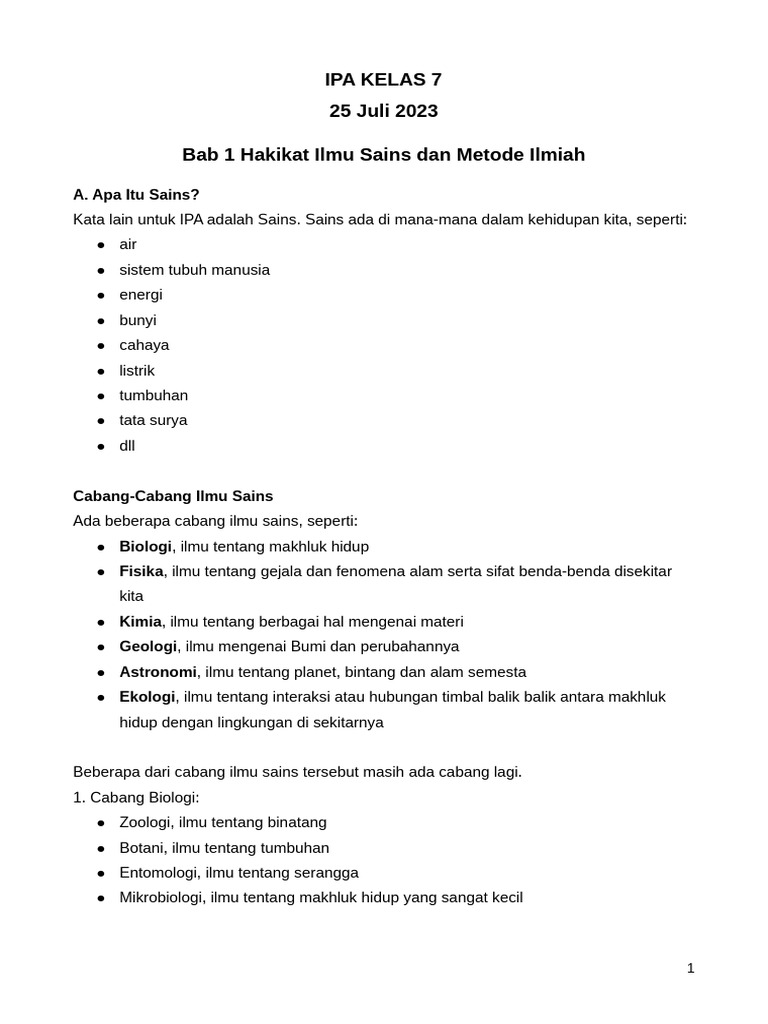 IPA KELAS 7 BAB 1 Hakikat Ilmu Sains Dan Metode Ilmiah | PDF