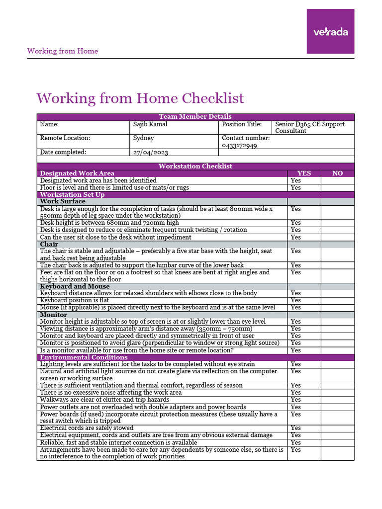 WFH Checklist 2022 | PDF