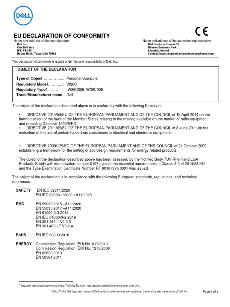 Dell Optiplex 7400 Aio w26c w26c005 European Union - Declaration of Conformity En-Us | PDF ...