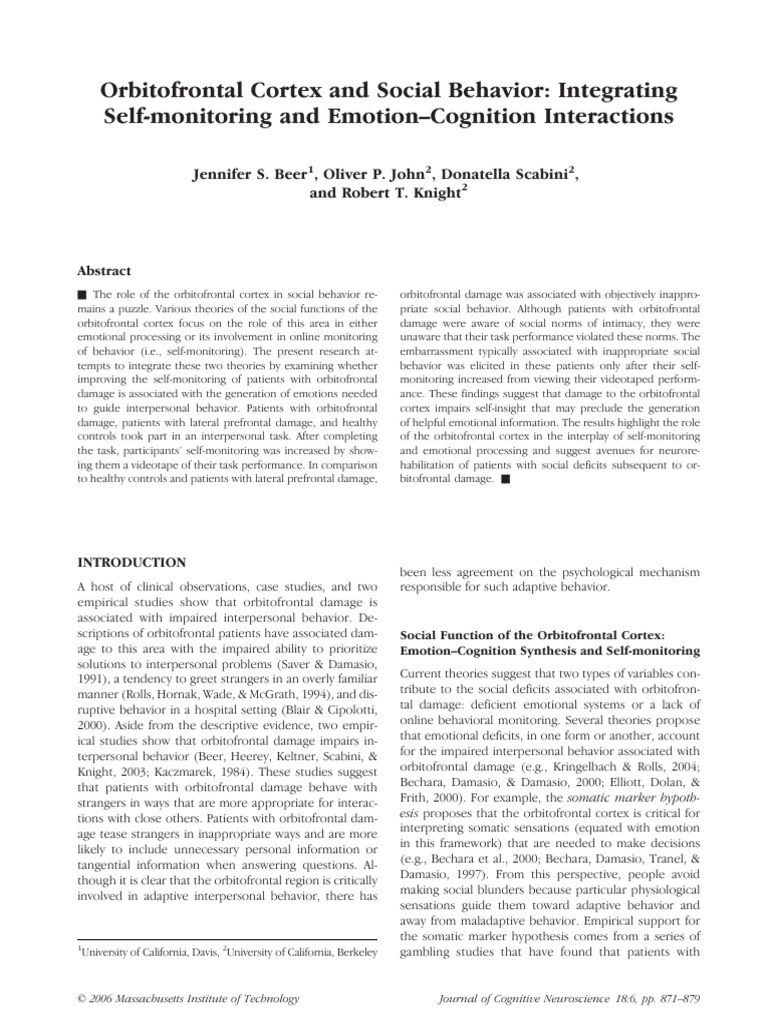 Orbitofrontal Cortex and Social Behavior | PDF