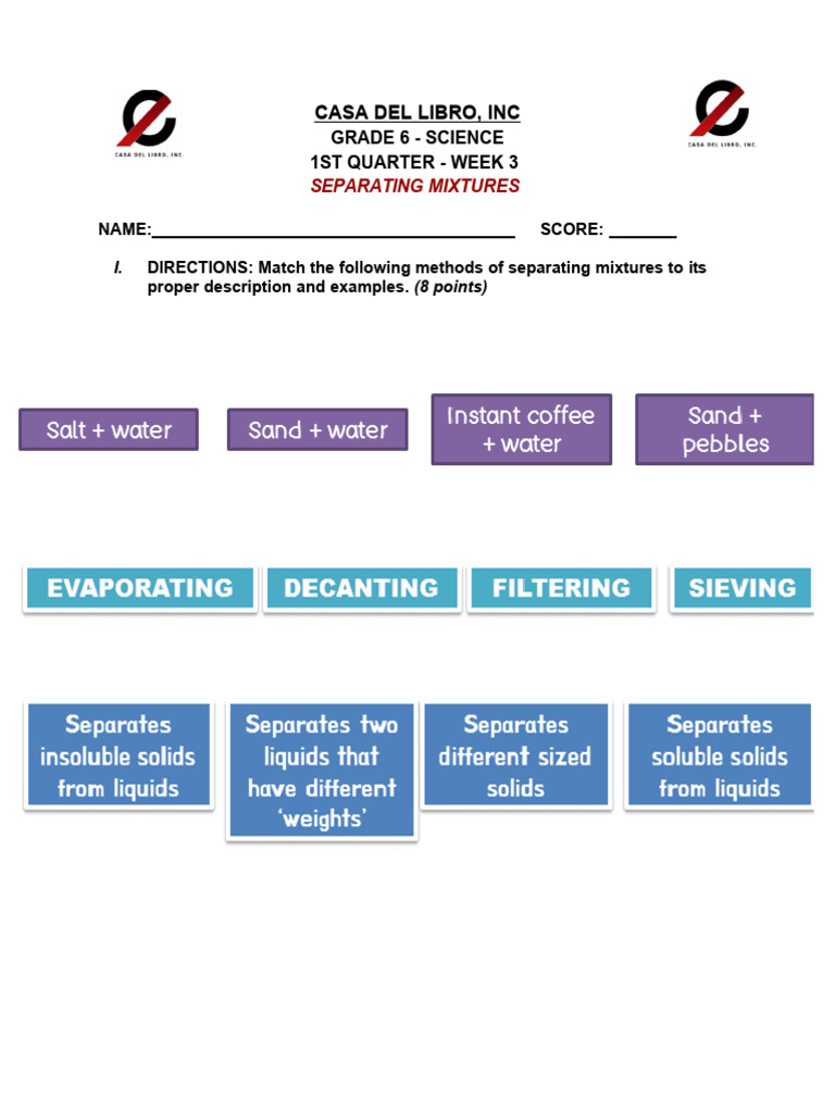 G6 (1STQ - Sci WS) Week 3 - Separating Mixtures | PDF