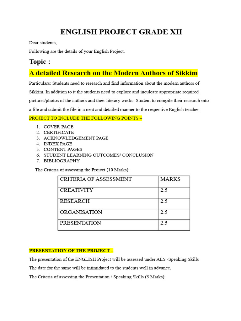 Grade XII English Project Guide | PDF