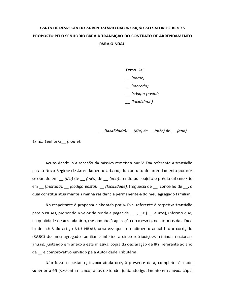 Carta de Resposta Do Arrendatário em Oposição Ao Valor Da Renda ...