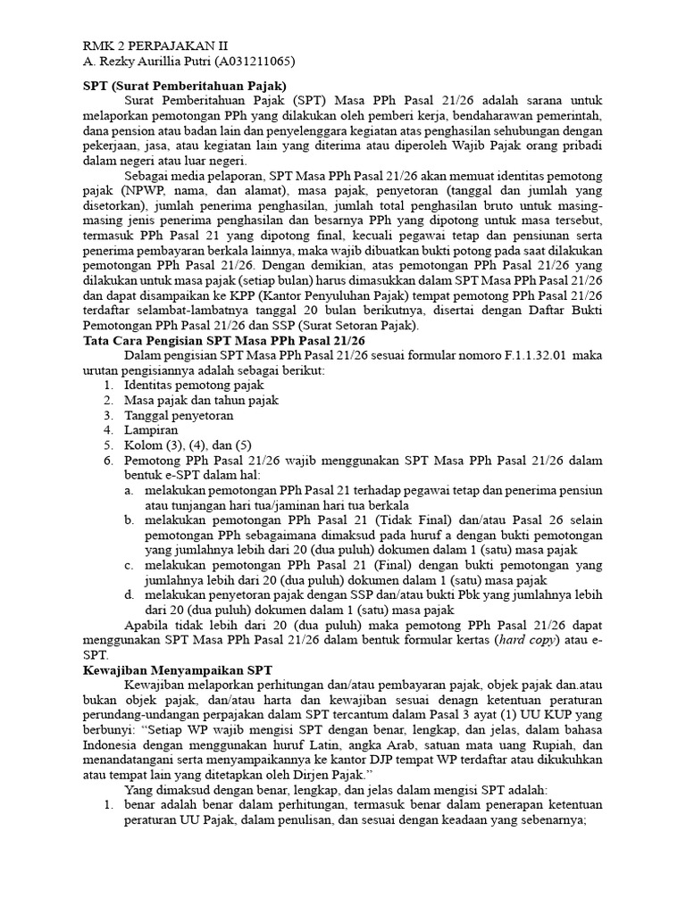 A031211065 - A. Rezky Aurillia Putri - RMK 2 PERPAJAKAN II | PDF | Pengelolaan Keuangan & Uang ...