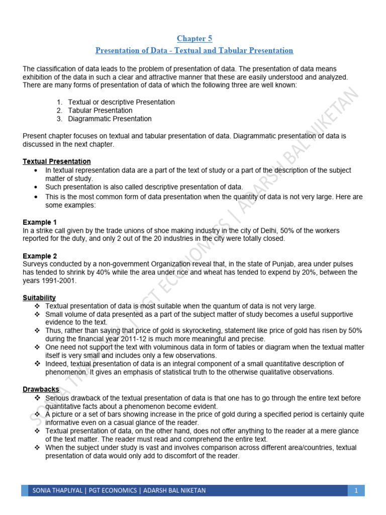 Chapter 5 (Presentation of Data - Textual and Tabular Presentation) | PDF