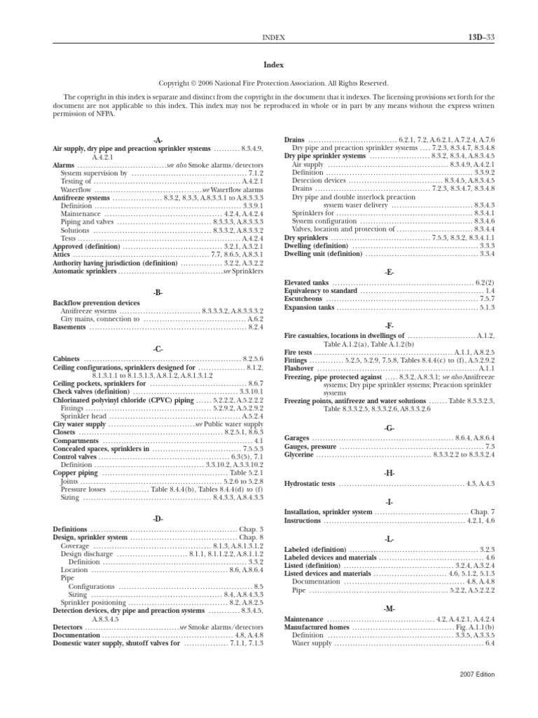 Nfpa 13d 2007 Index | PDF | Fire Sprinkler System | Hydraulic Engineering