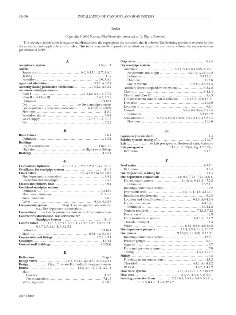 Nfpa 14 2007 Index | PDF | Pipe (Fluid Conveyance) | Gases