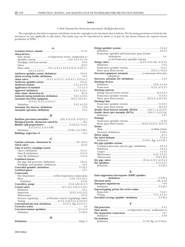 Nfpa 25 2002 Index | PDF | Fire Sprinkler System | Hydraulics
